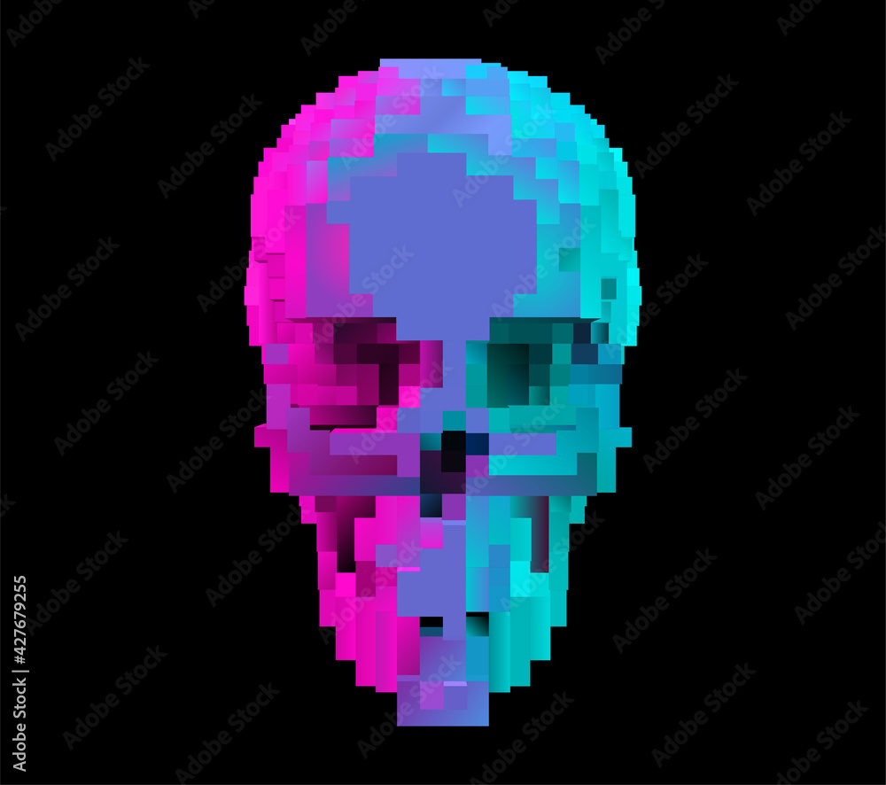 Vector futuristic 3D pixel skull. Retro video game style symbol ...