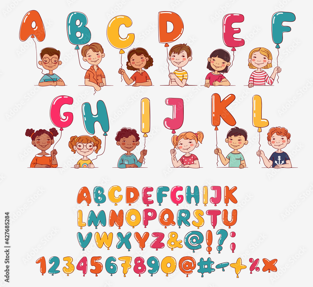 Funny kids with letter and number balloons. Vector cute boys and girls ...