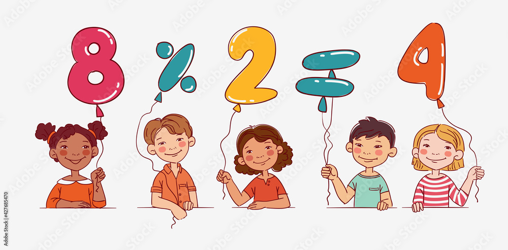 Vetor de Funny kids with number balloons. Vector cute boys and girls ...