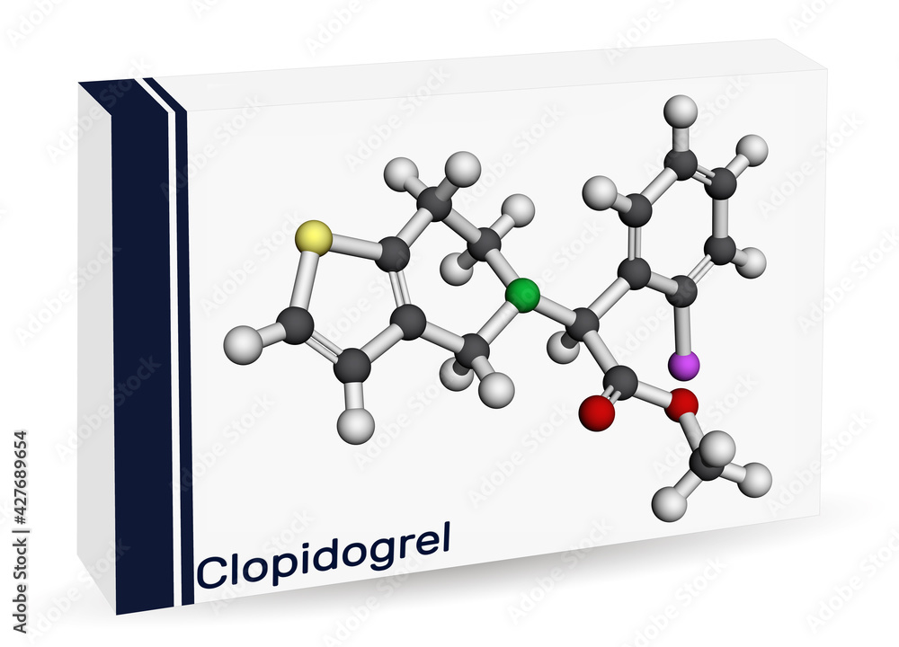 Clopidogrel molecule. It is prodrug, antiplatelet medication, used to ...