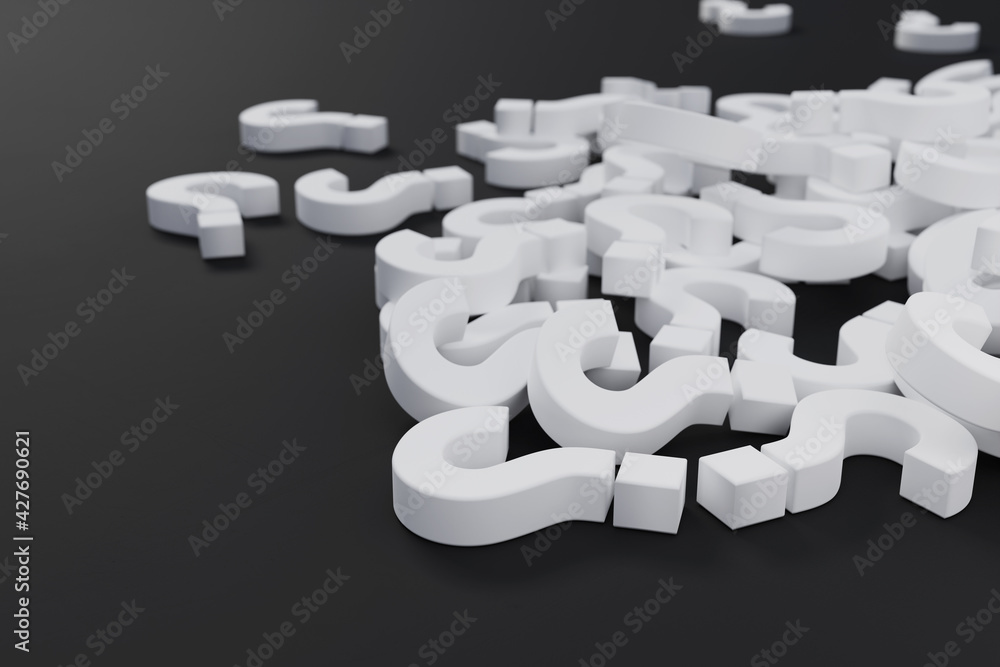 pile of white question marks on black dark surface; concept faq support ...