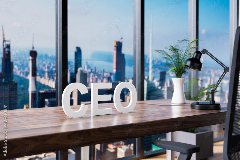 ceo; office chair in front of modern workspace and panoramic skyline ...