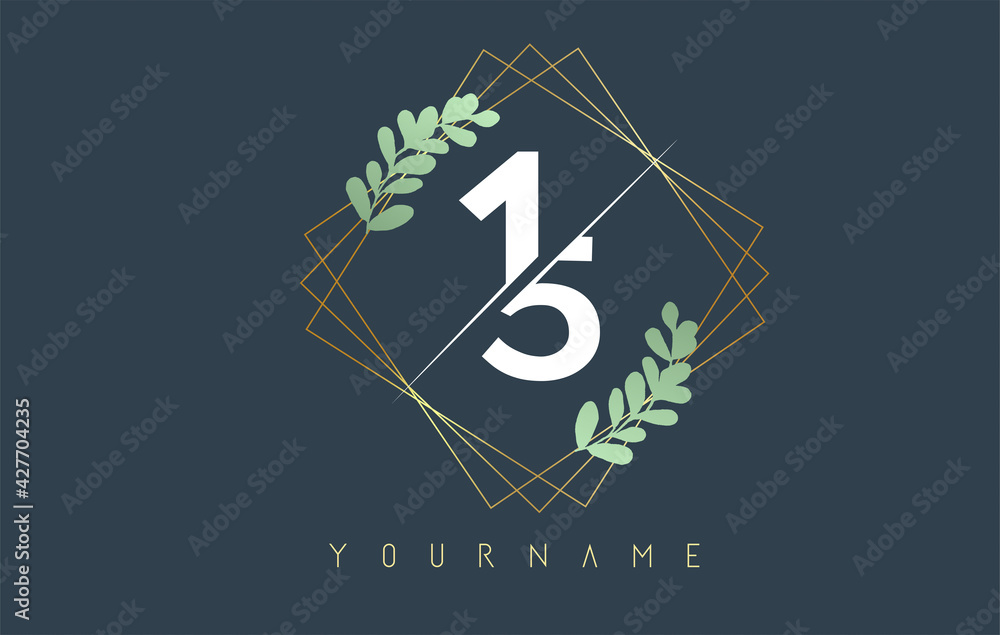 Number 15 1 5 Logo With golden square frames and green leaf design ...