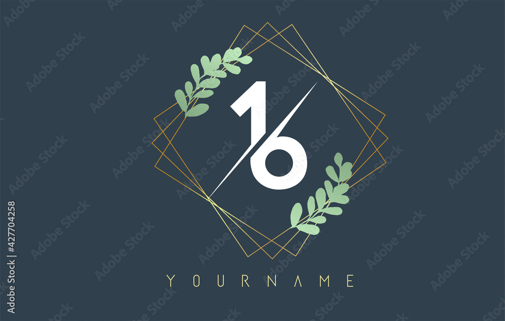 Number 16 1 6 Logo With golden square frames and green leaf design ...