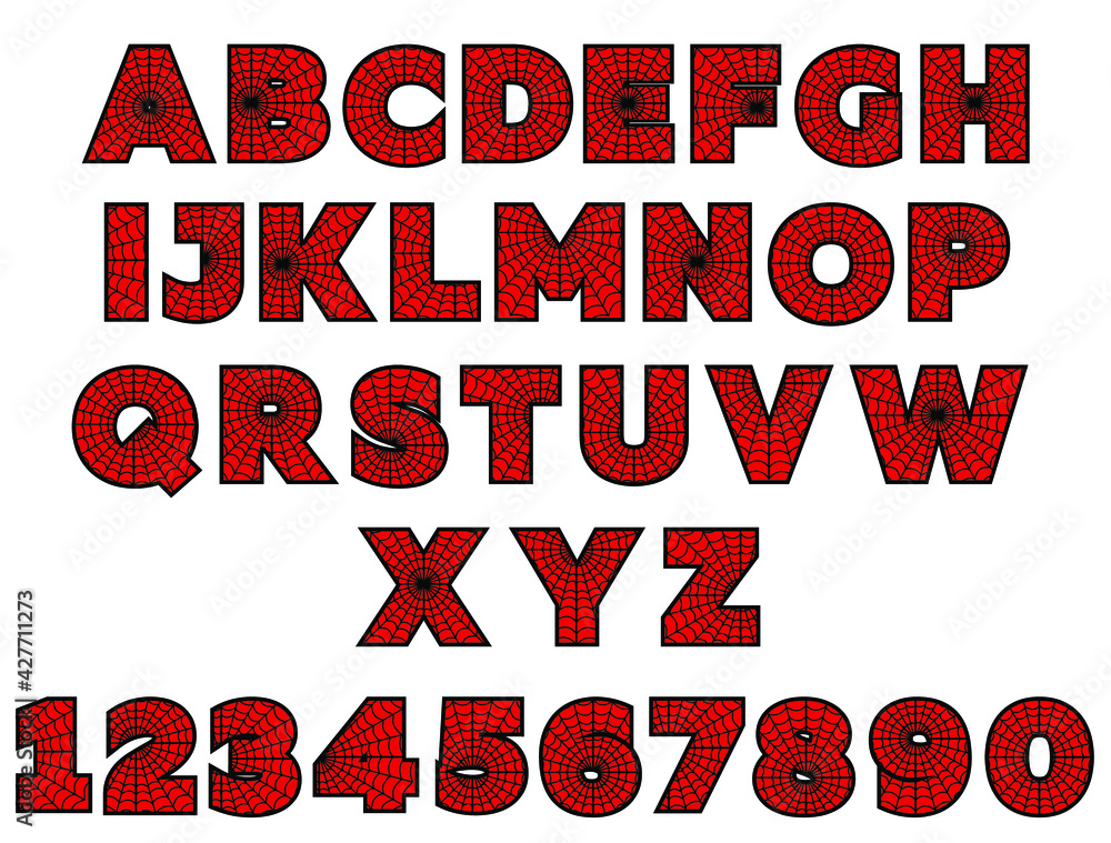 Spider font. Spiderman alphabet. Black and red letters with cobwebs ...