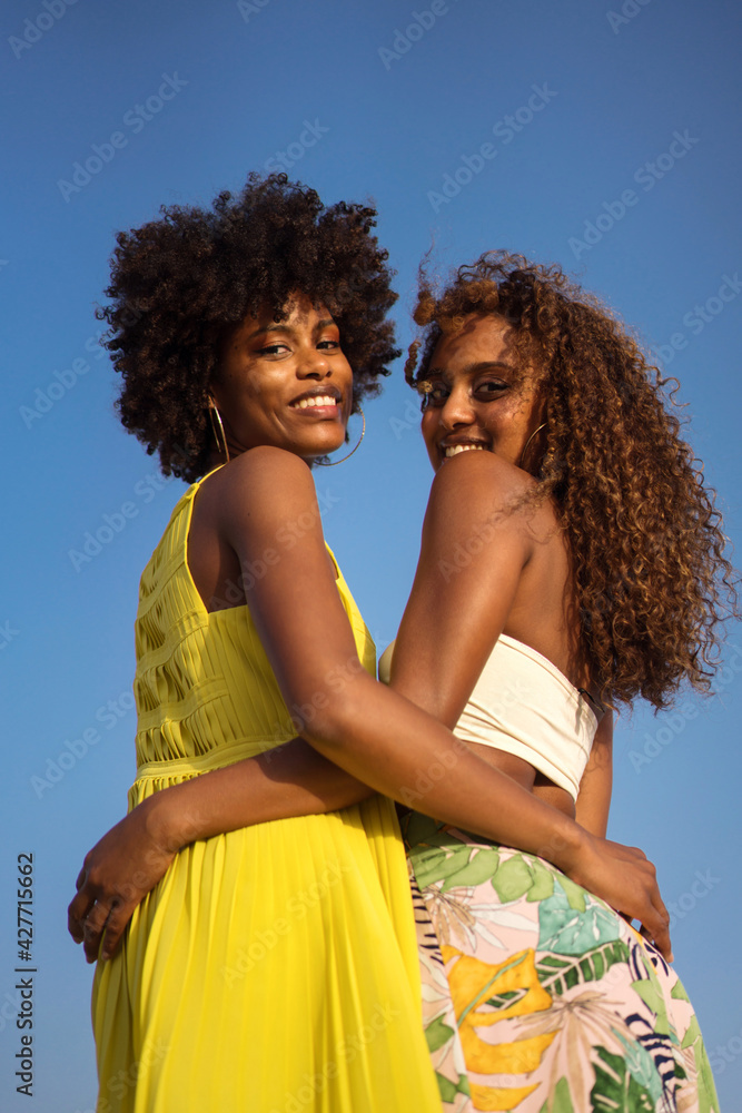 Two black women hugging each other smiling view from behind Stock Photo ...