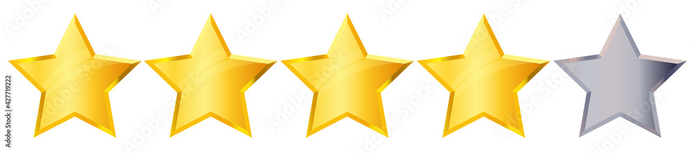 Four 4 star rank sign. Glossy golden star sticker icon rating isolated ...