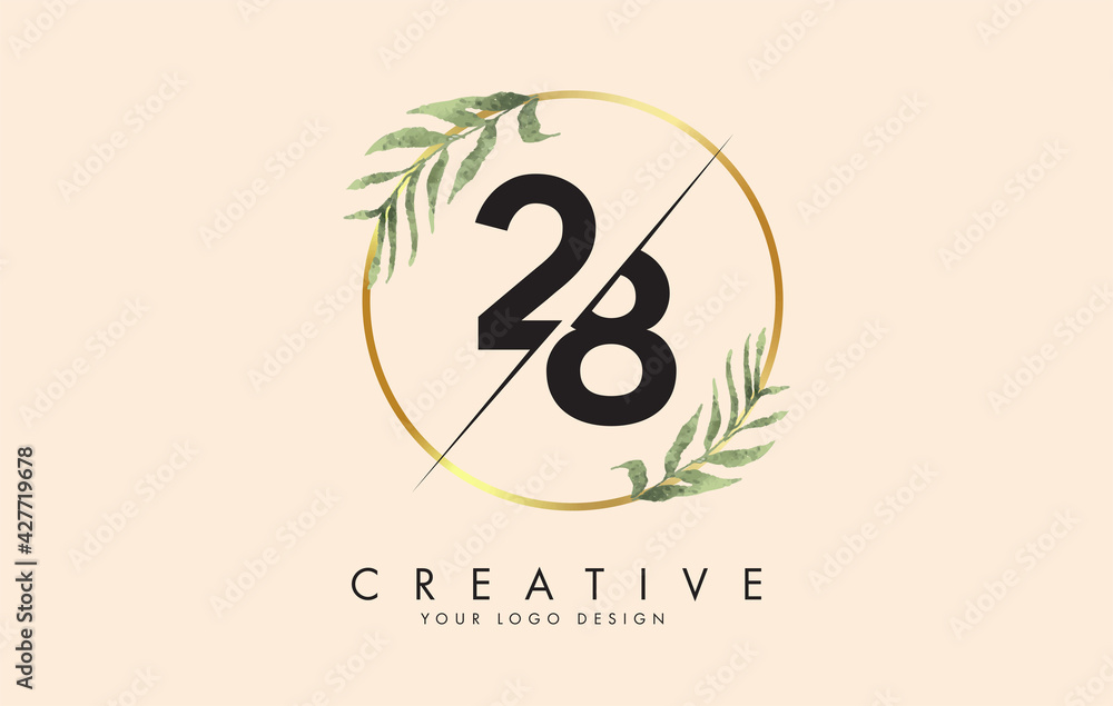 Number 28 2 8 logo design with golden circles and green leaves on ...