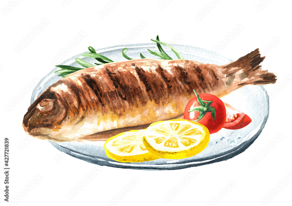 Grilled fish trout with cherry tomatoes and lemon. Watercolor hand ...