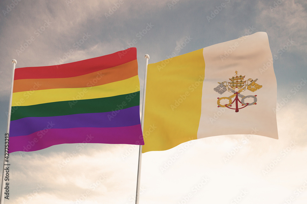 Beautiful flag of LGBT pride waving with the strong wind and THE ...