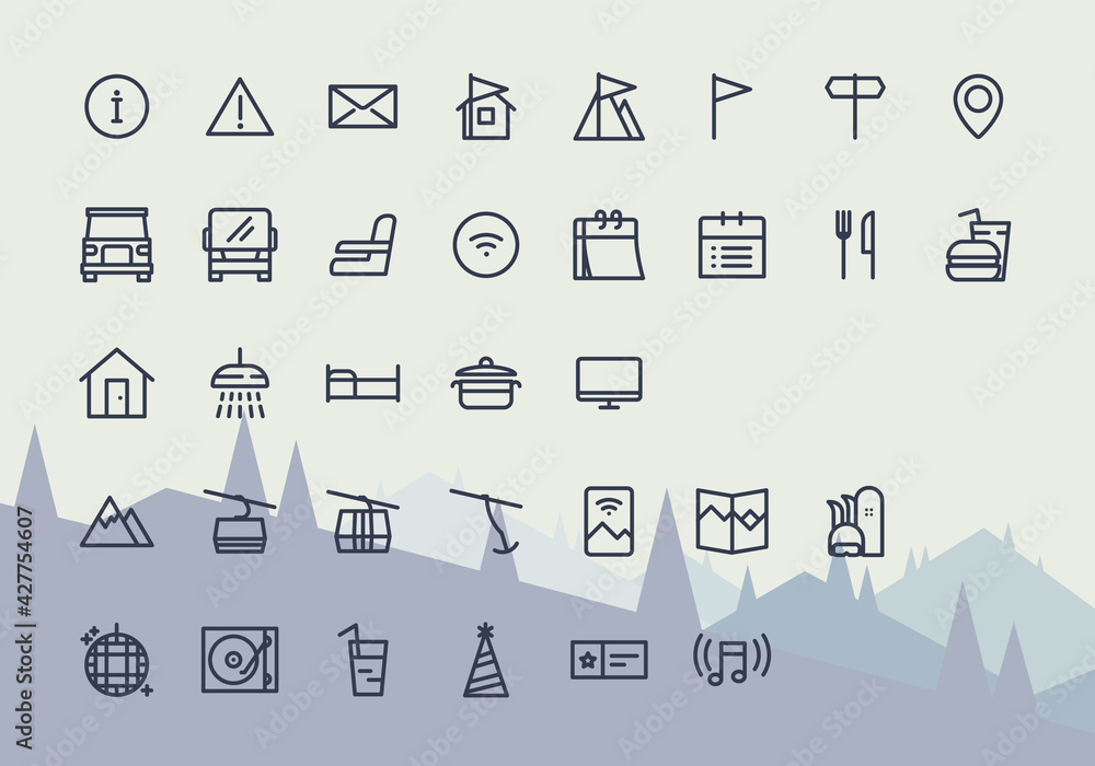 Ski resort icon set, hotel and hospitality collection. Collection with ...