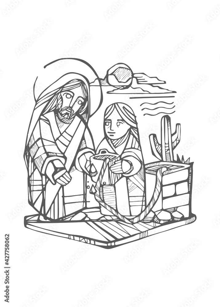 Jesus and the samaritan woman illustration Stock Vector | Adobe Stock