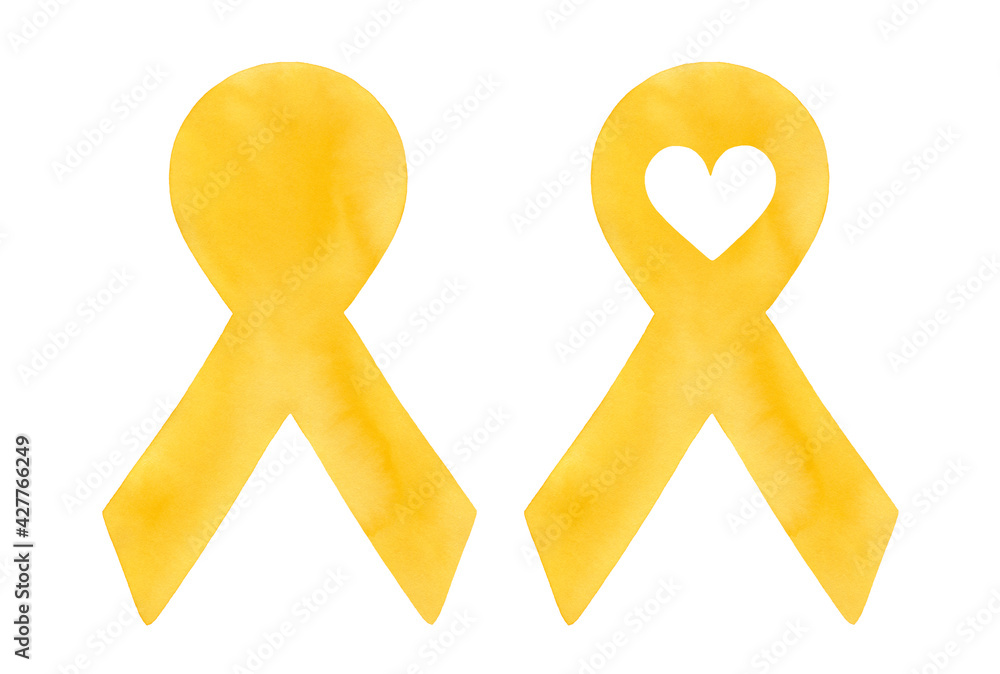 Watercolour set of two yellow ribbons: with little heart shape and ...