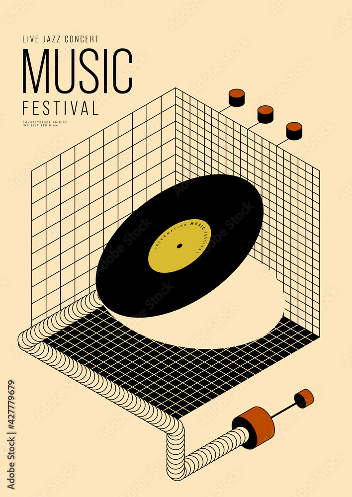 Music poster design template background with vinyl record and isometric ...
