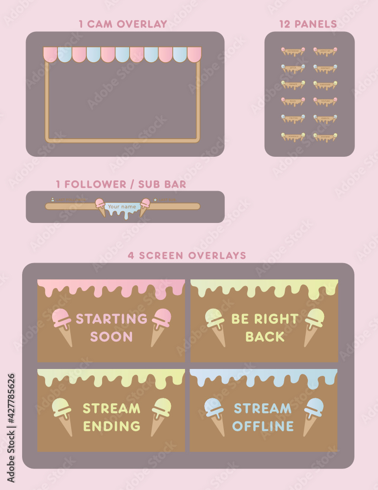 Ice cream themed stream overlays templates and panels 16:9 for game ...