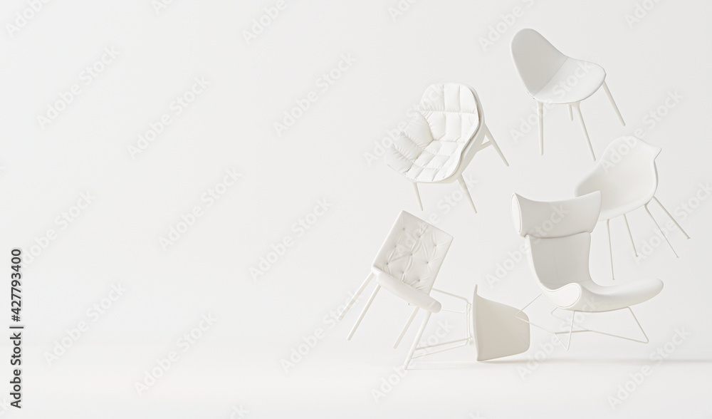 White chairs in empty white background. Concept of minimalism. Light ...