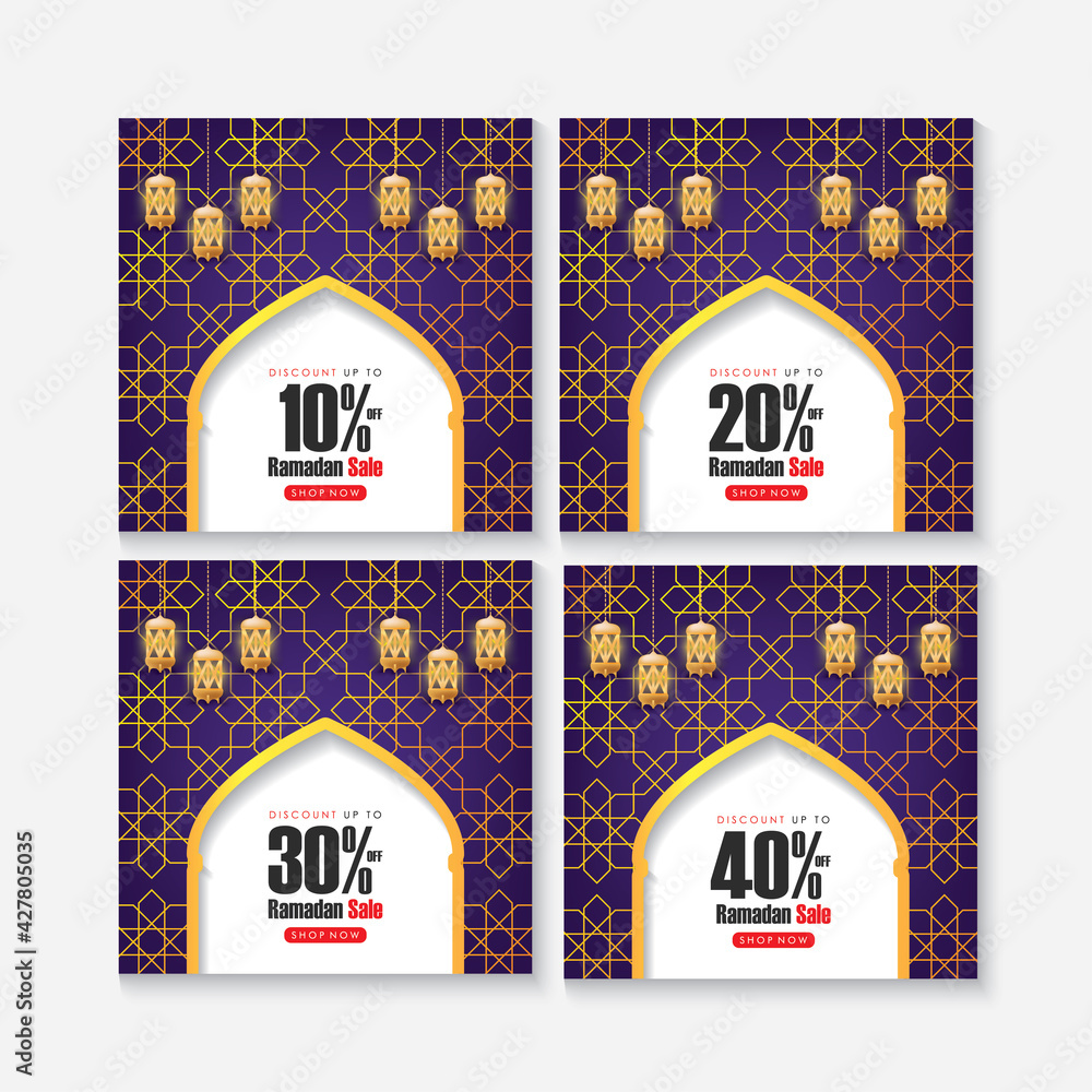 Ramadan Sale Set on Blue and White Background with Gold texture and ...