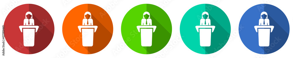 Speech, business presentation icon set, flat design vector illustration ...