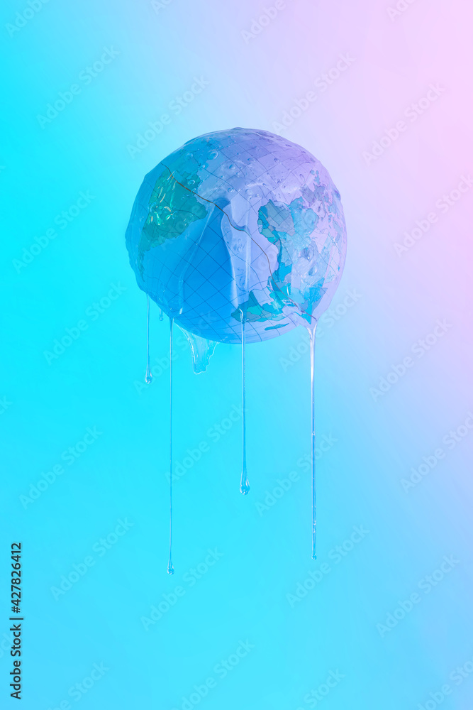 Earth ball hovers, melts and drains on pastel blue, violet and pink ...