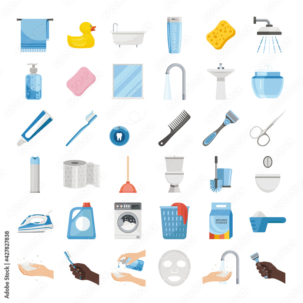 Set bathroom. Bathroom items and equipment for washing, bathing and ...