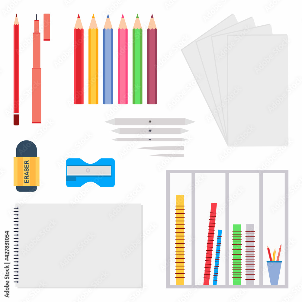 Stationery set in flat style. Drawing tools such as pencil, eraser ...