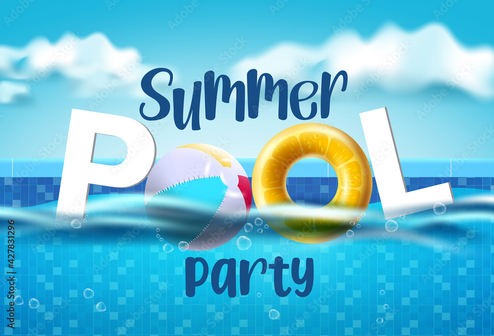 Summer pool party vector banner design. Summer pool party text in ...