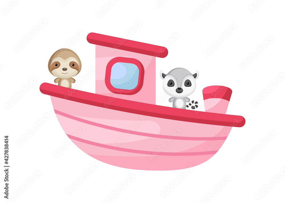 Cute little sloth and lemur sailing on pink ship. Cartoon character for ...