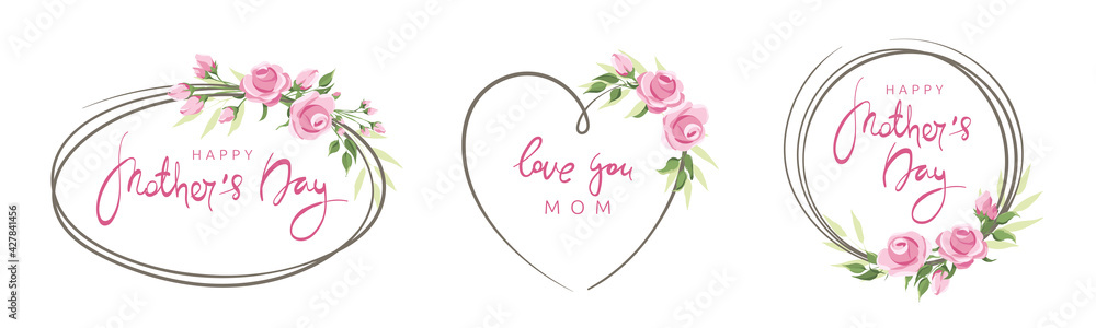 Mothers Day cards. Pink roses, set frames. Vector illustration, frame ...