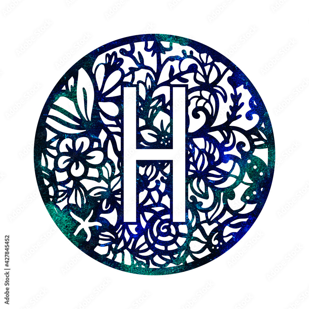 Lace circle blue green letter H with. Texture Monogram letter H ...
