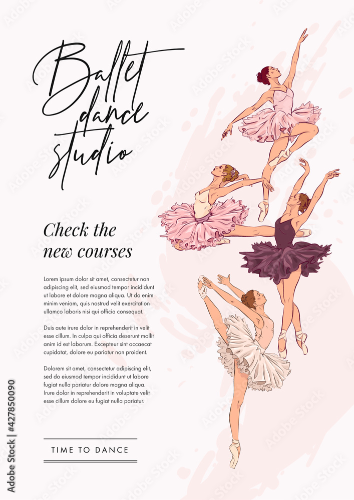 Ballet school banner, poster or flyer design template. Hand drawn ...
