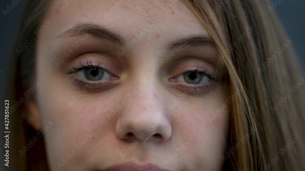 Happy girl. Girl looks into camera. Video blog. Smile of child. Girl ...