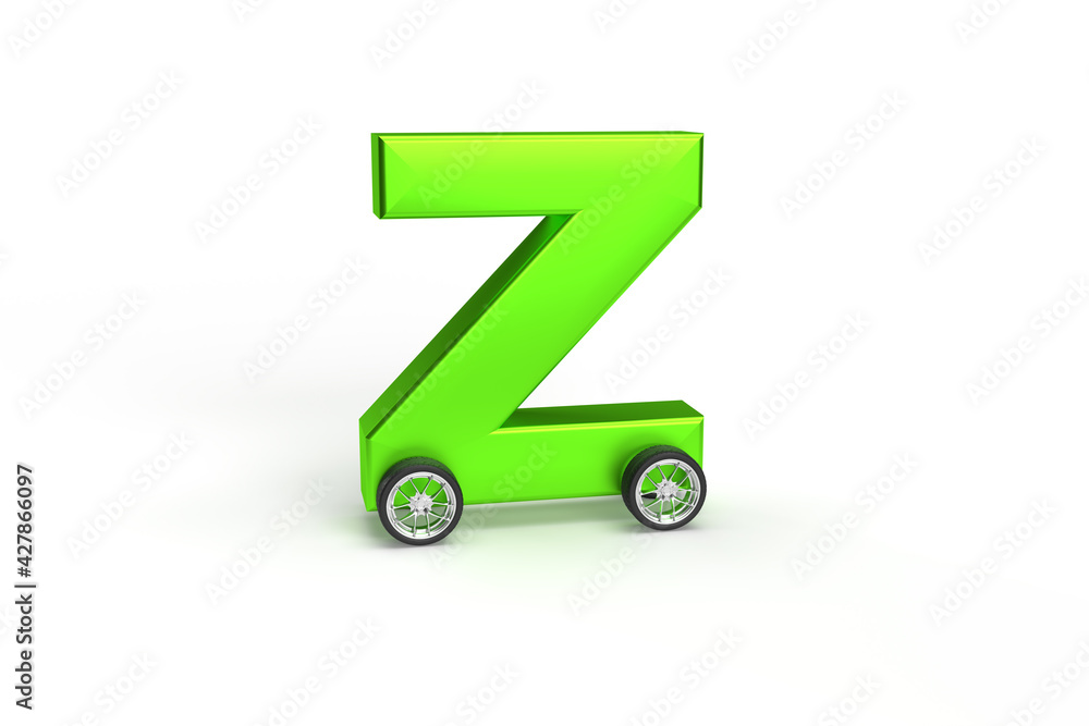 Alphabet Z as car with wheels isolated in green on an isolated white ...