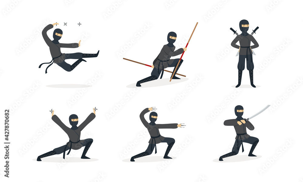 Ninja Warriors Set, Japanese Fighter Wearing Black Clothes and Mask ...