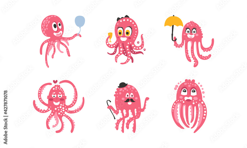Cute Pink Octopus Set, Funny Sea Creature Character Different ...