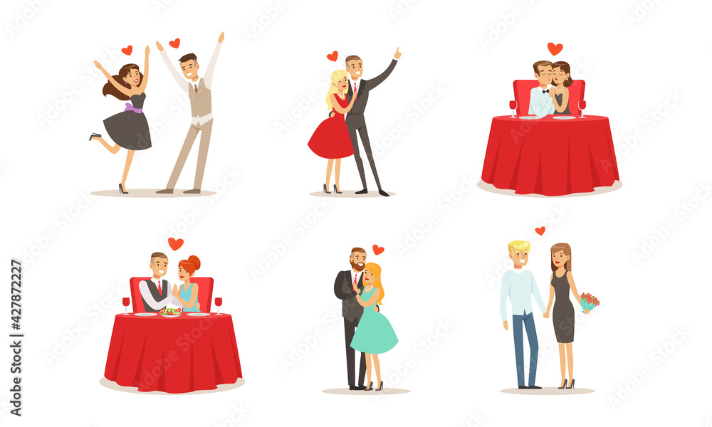 Happy Romantic Couples on Date Set, Young Men and Women Celebrating ...