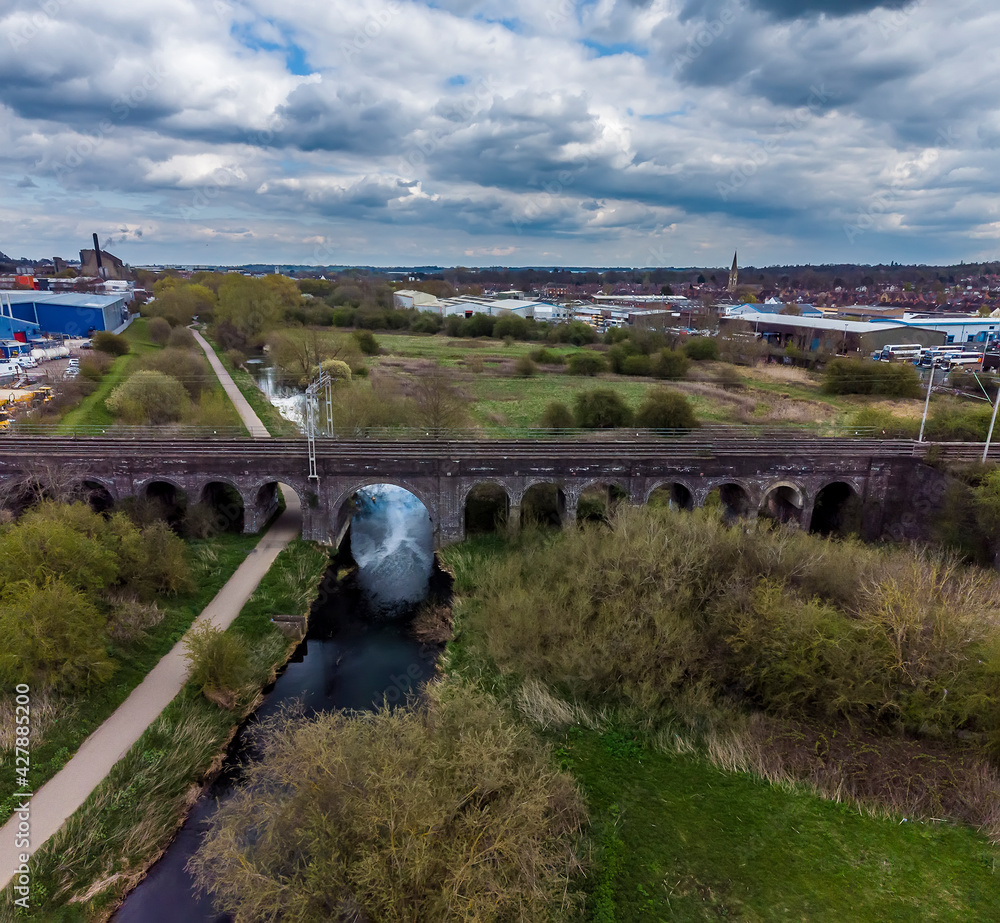 An aerial view looking down over the Far Cotton Railway viaduct in ...