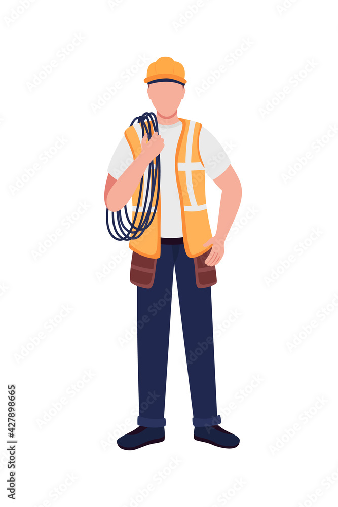 Caucasian male electrical engineer flat color vector faceless character ...