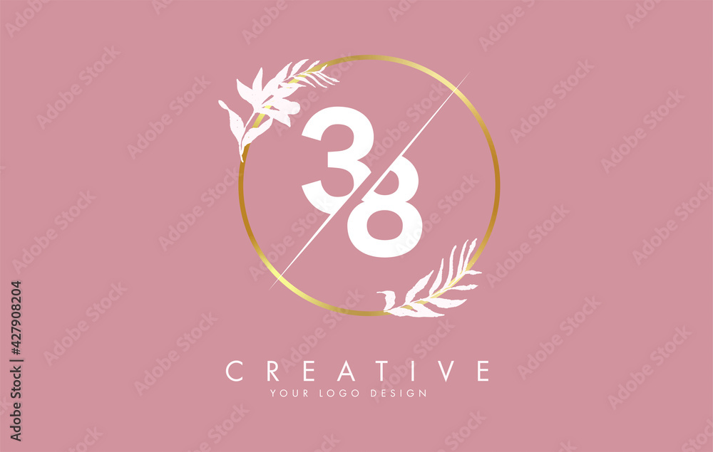 Numbers 38 3 8 logo design with golden circle and white leaves on ...