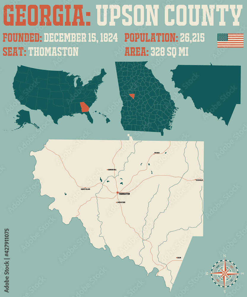 Large and detailed map of Upson county in Georgia, USA. Stock Vector ...