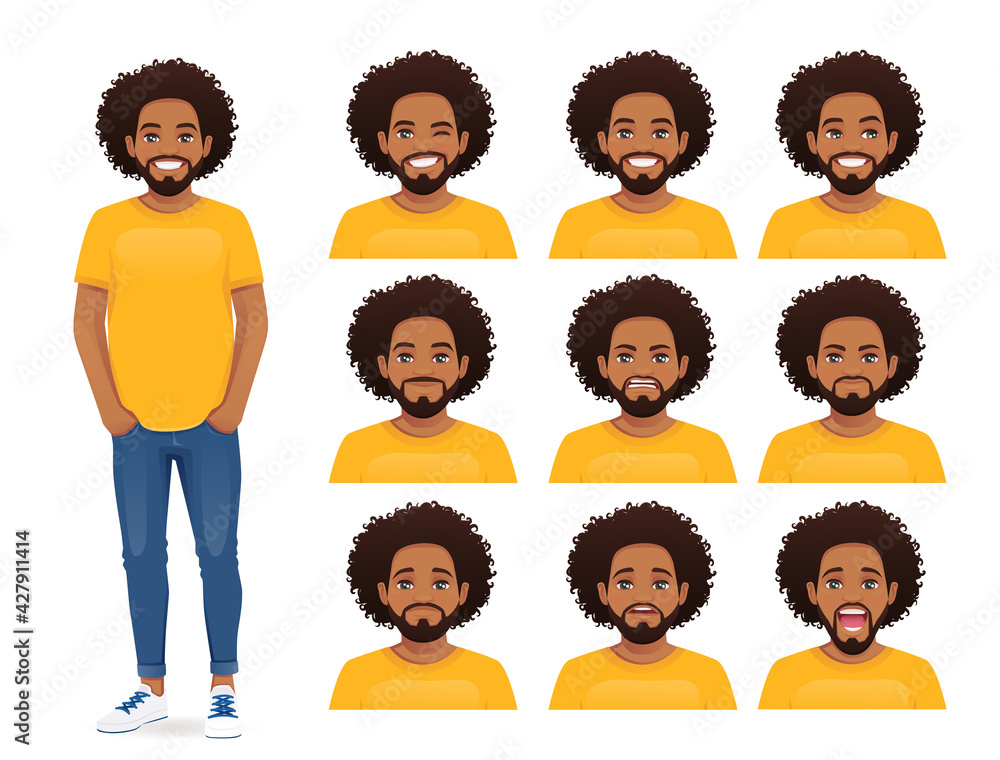 Young african man with different facial expressions set vector ...