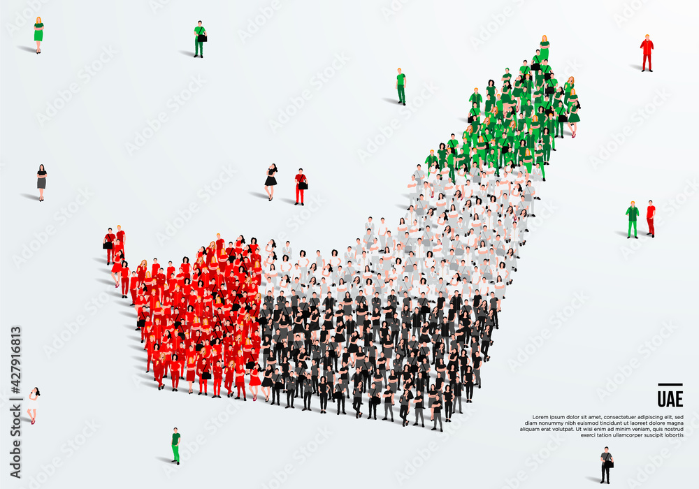 UAE Map and Flag. A large group of people in UAE flag color form to ...