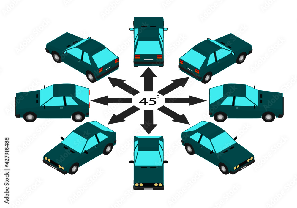 Rotation of the compact car by 45 degrees. Green old car in different ...