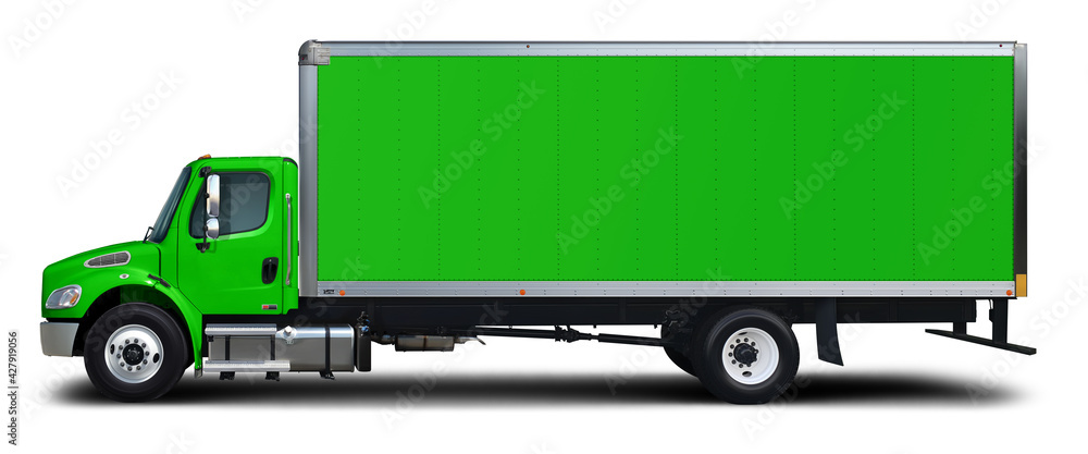 Full green delivery truck side view isolated on white background. Stock ...