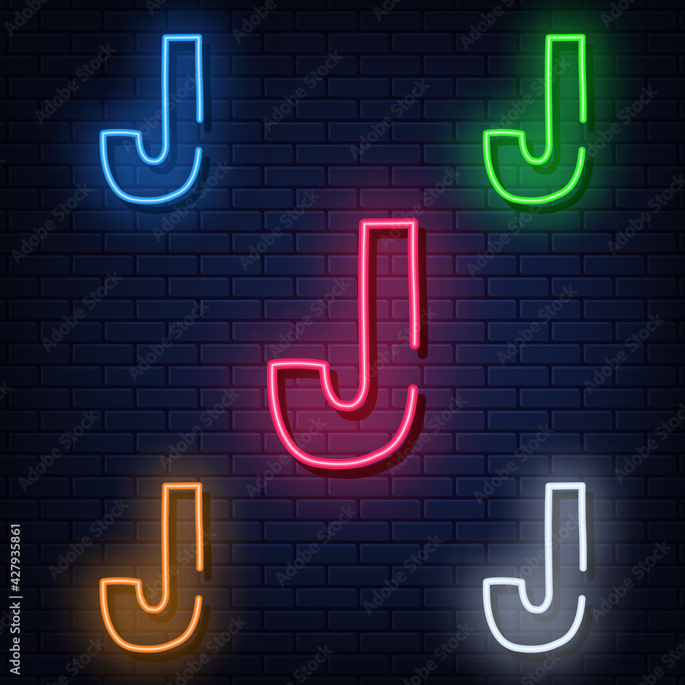 Neon letters, five colors: red, blue, green, yellow, white. Isolated ...