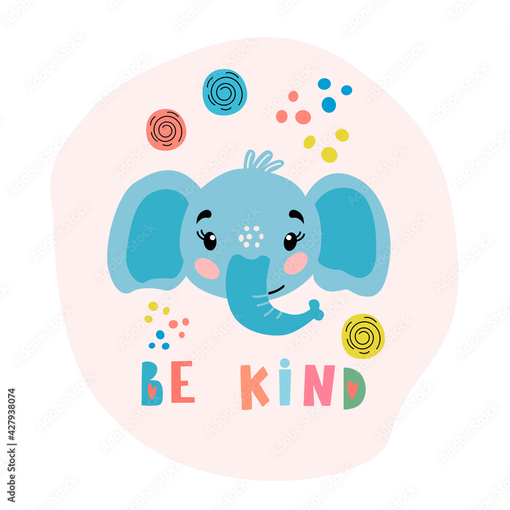 Image of cute cartoon elephant face with lettering - be kind, in vector ...