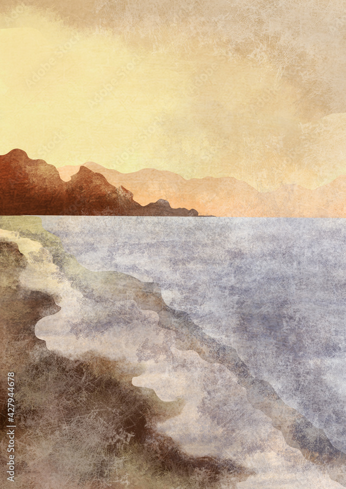 Boho Sea Beach with Waves Print. Abstract Background. Bohemian ...