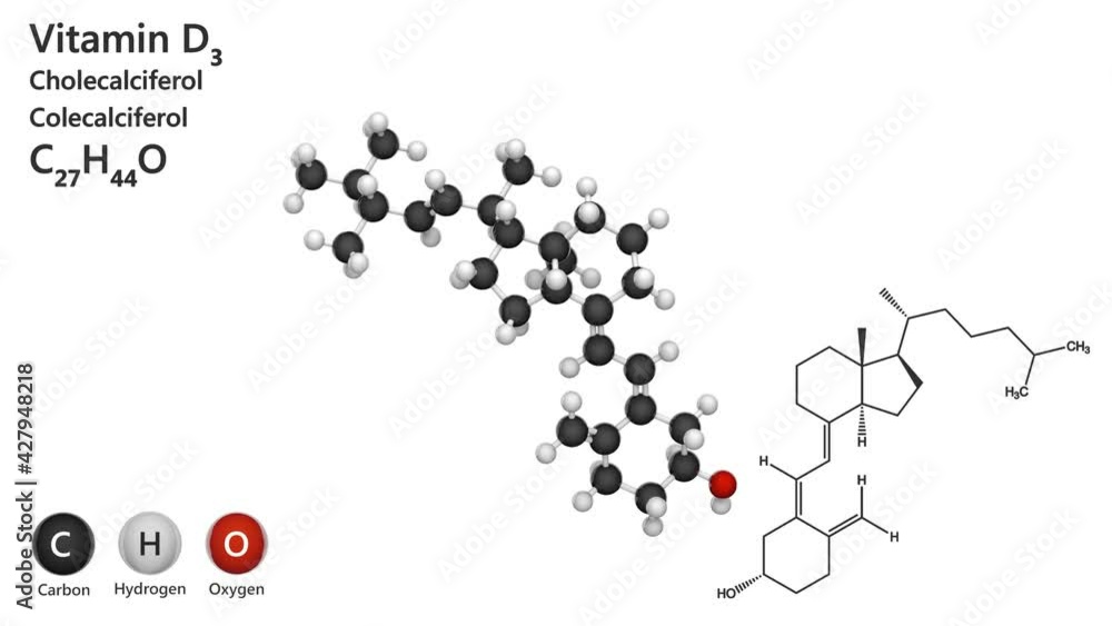 Chemical structure of Vitamin D3 (Cholecalciferol). Formula: C27H44O ...