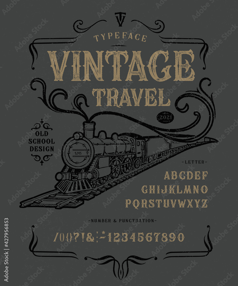 Vector illustration Font Vintage Travel Steam locomotive Stock Vector ...