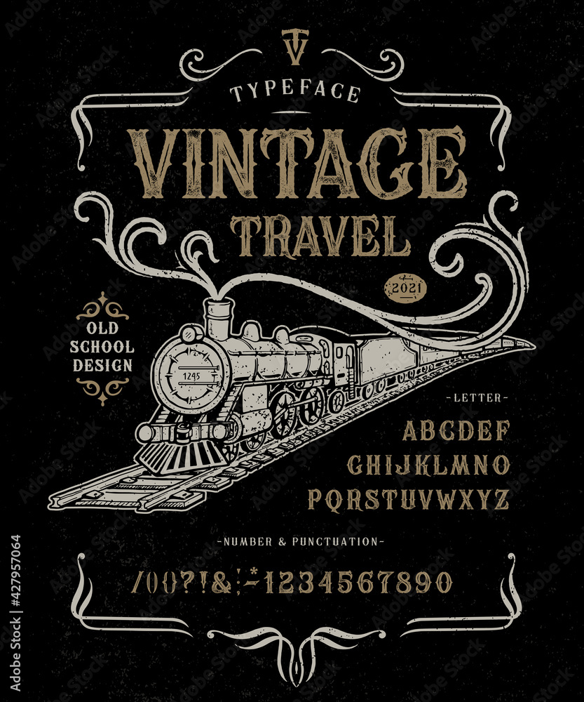 Vector illustration Font Vintage Travel Steam locomotive Stock Vector ...