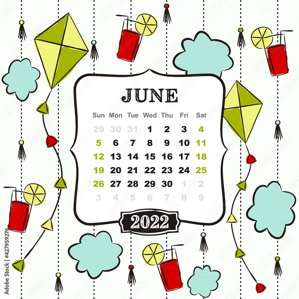 Thematic template for a calendar for 2022. The month of June. Design ...